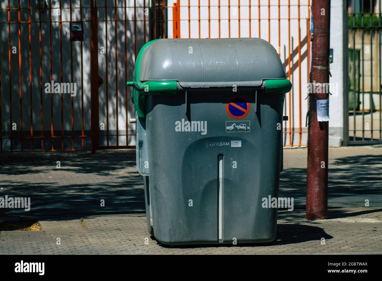 Seville Spain July 10, 2021 Garbage container in the streets of Seville ...