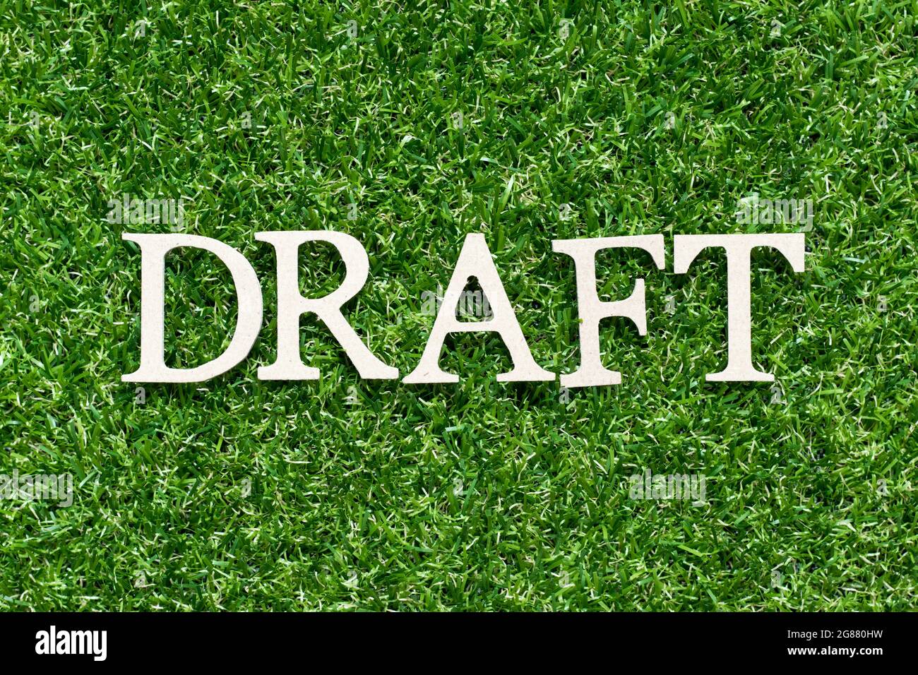 Wood alphabet letter in word draft on artificial green grass background ...