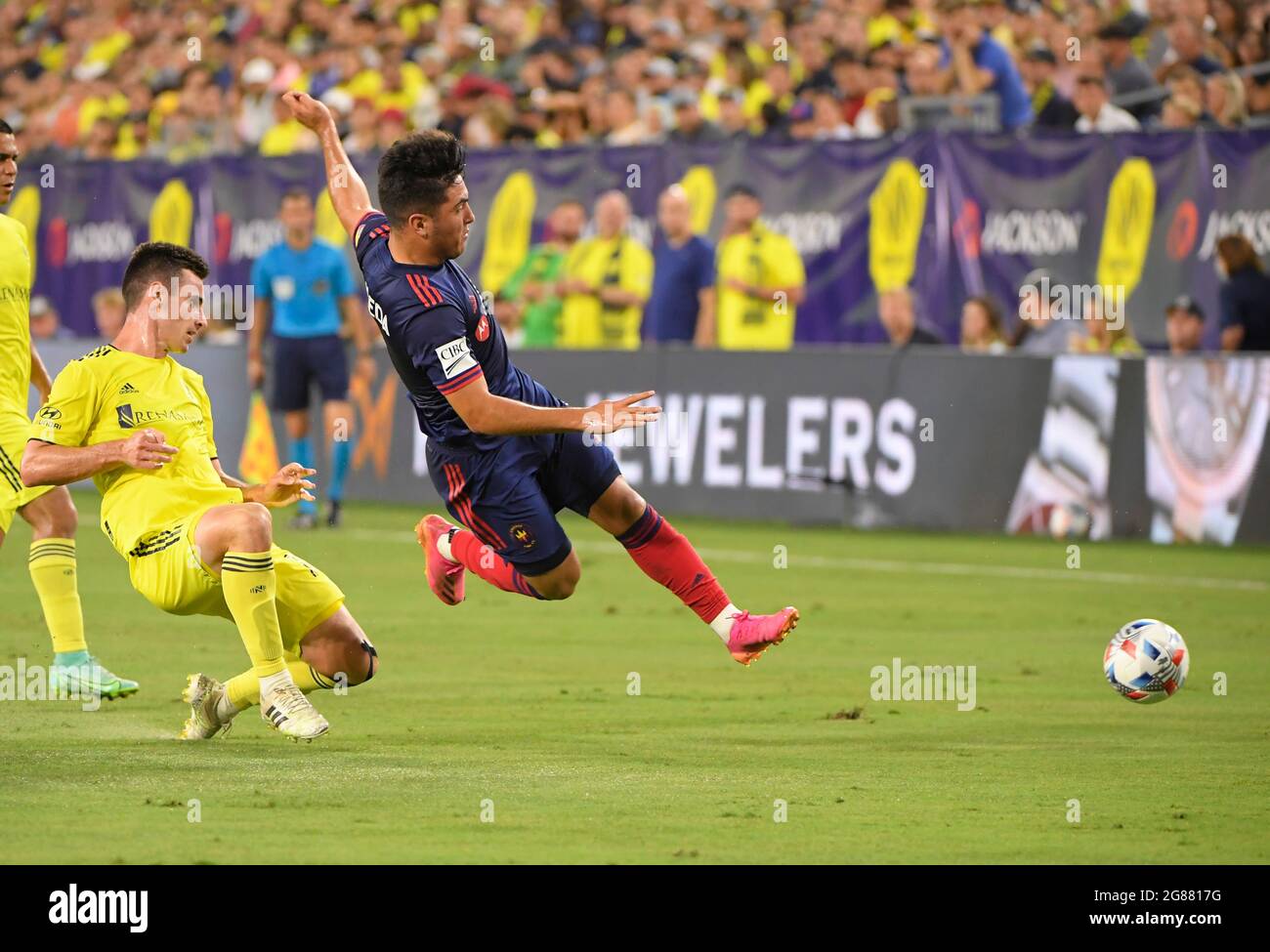 July 17, 2021: Nashville SC defender Jack Maher (5) takes down Chicago ...