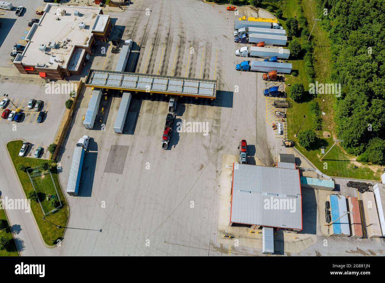 Aerial view of transportation, gas station with truck at fueling ...