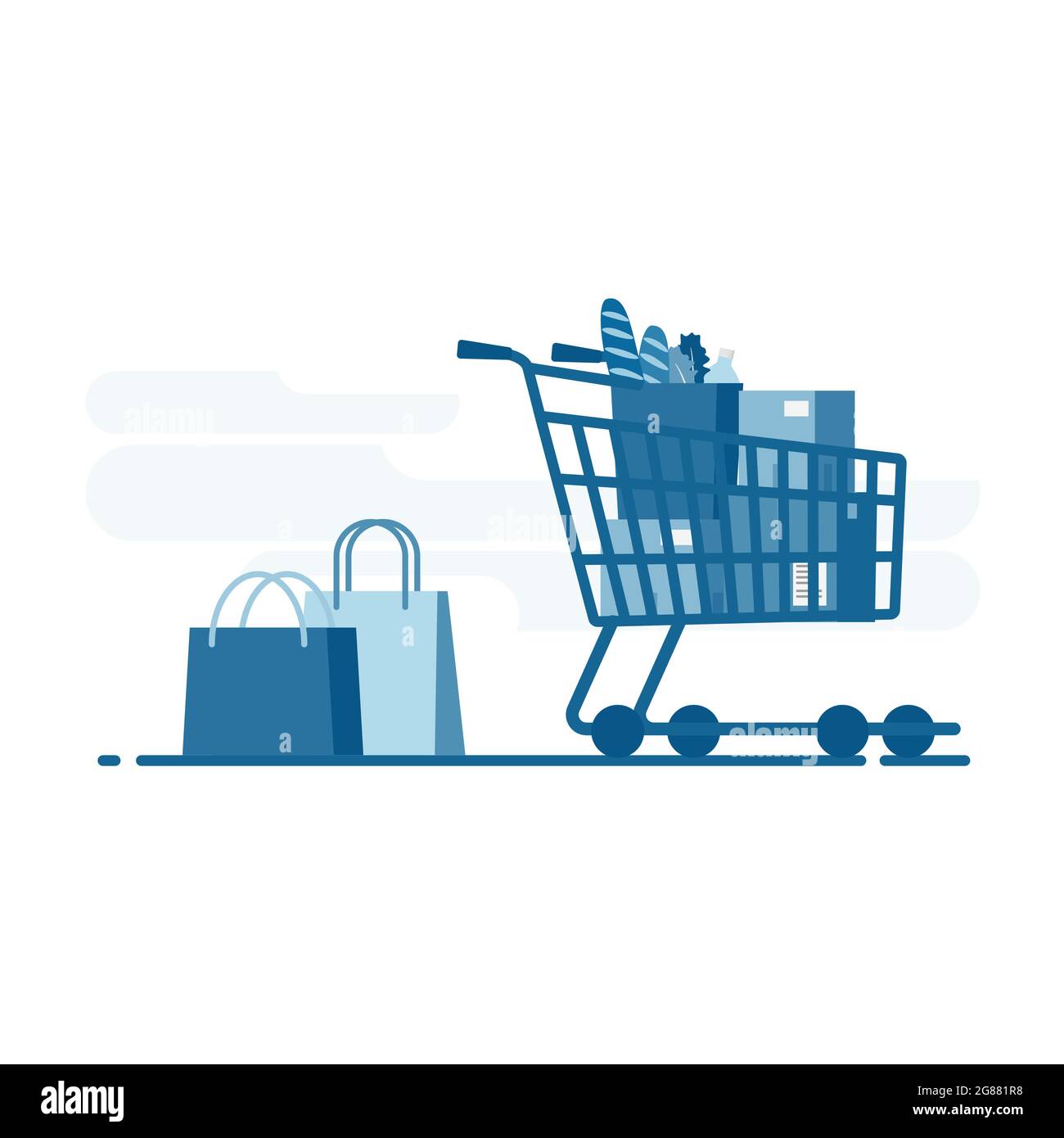 Supermarket Shopping Cart Flat Design With Boxes And Shopping Bags