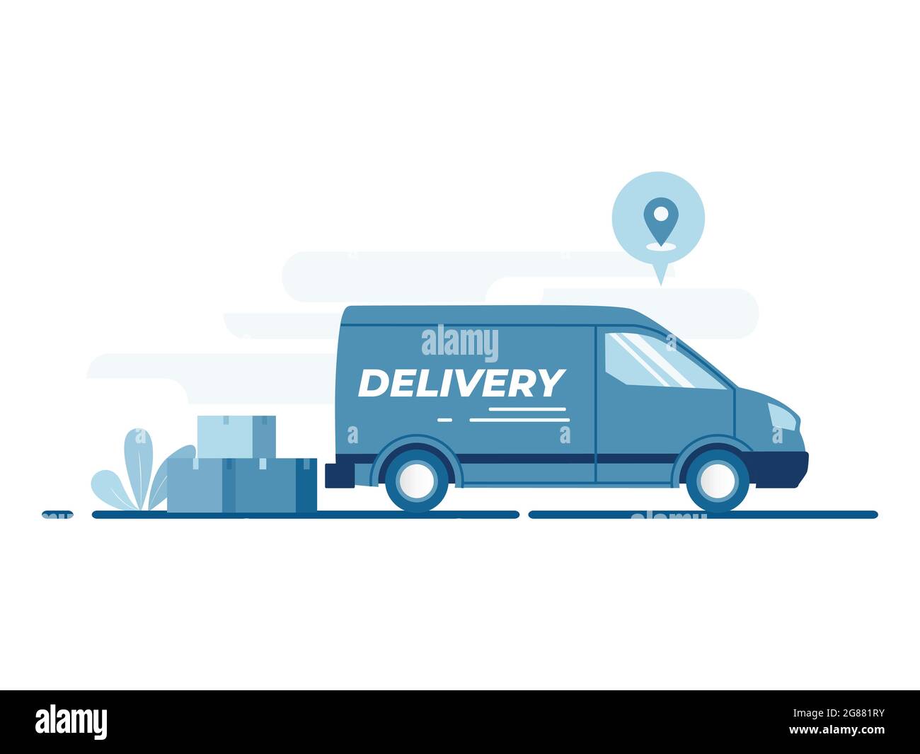 Illustration of blue delivery van and boxes on shipment over white ...