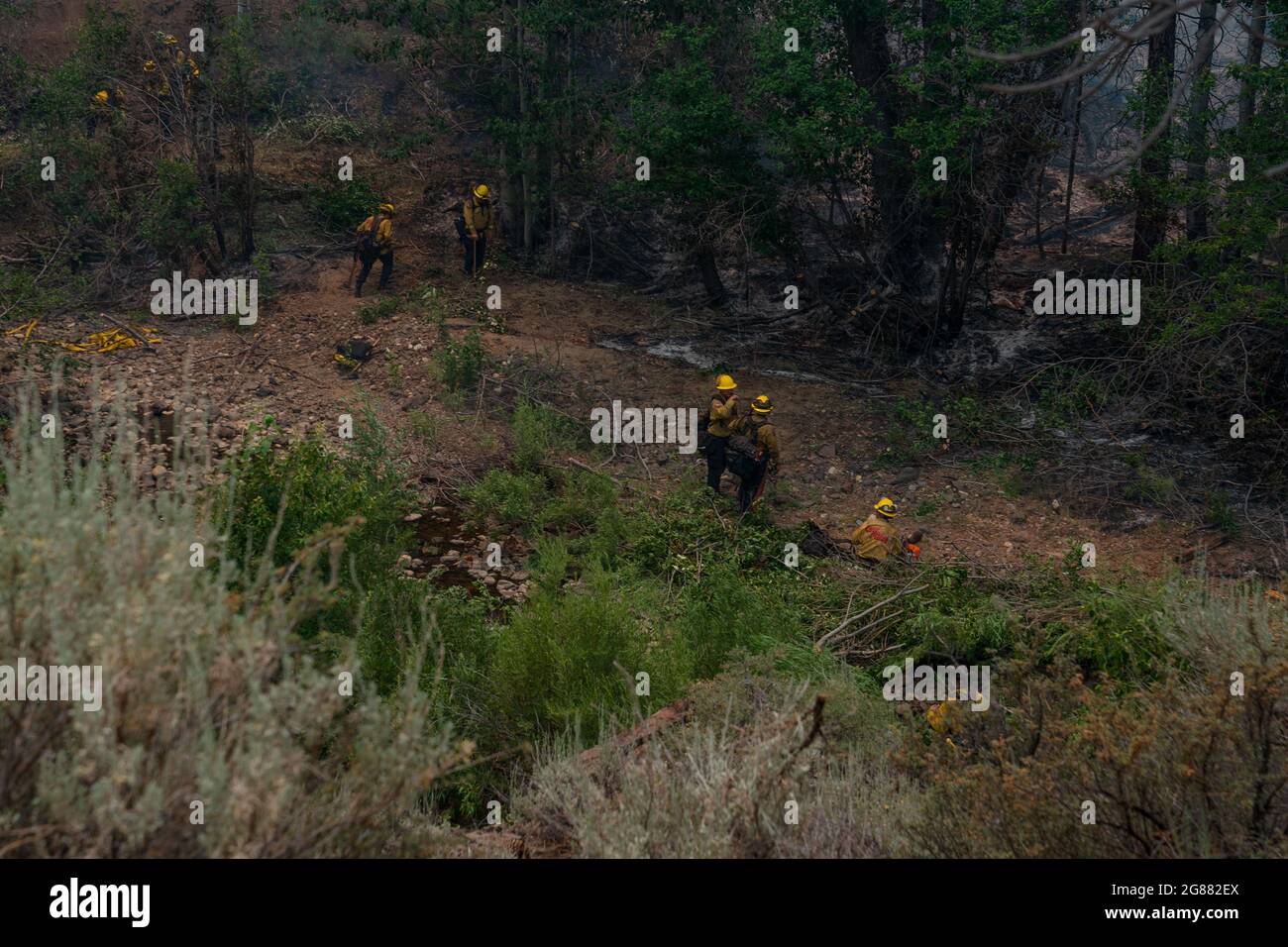 Markleeville, California, USA. 17th July, 2021. A CalFire crew is seen ...