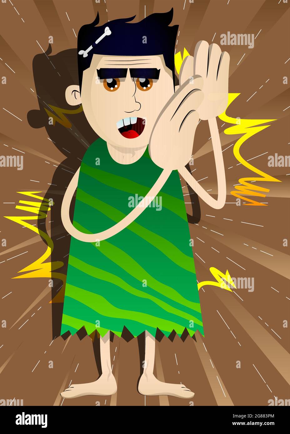 Cartoon prehistoric man holds both hand at his ear, listening. Vector ...