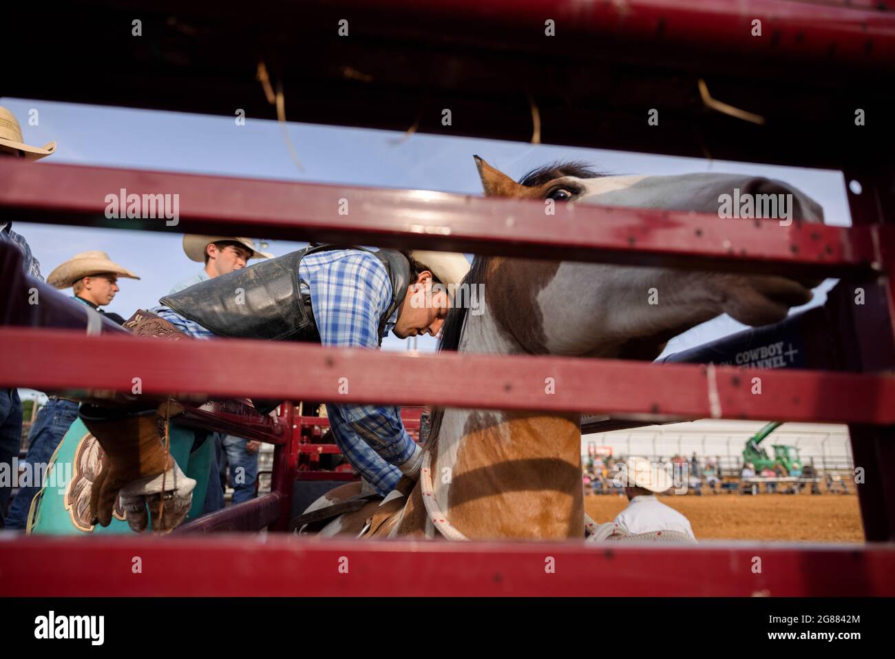 A bareback horse rider climbs onto a horse during the 3 Bar J Rodeo at ...