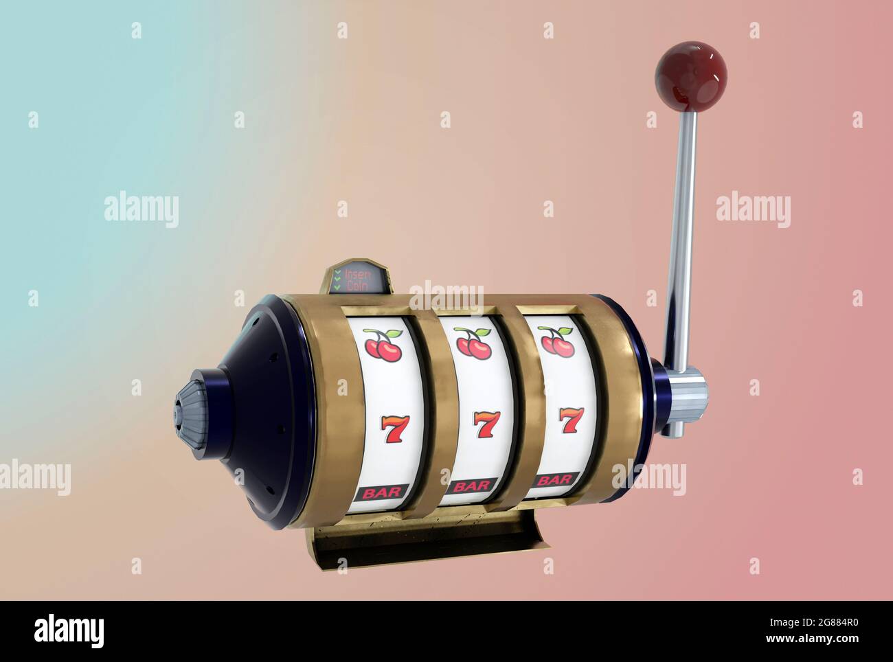 3d illustration. Slot machine and one arm bandit on pastel background ...