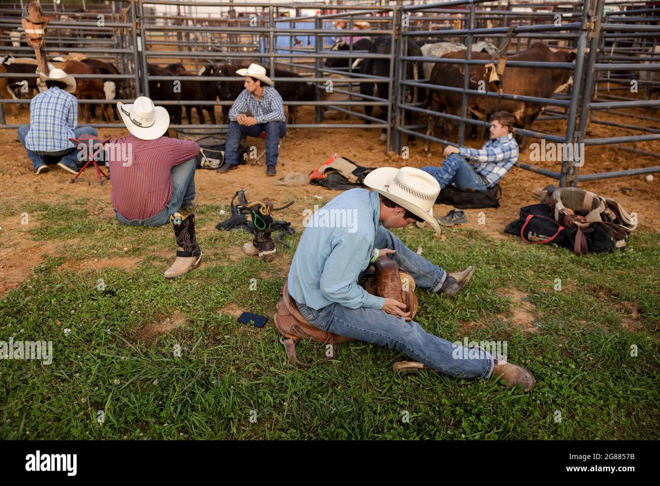 Bloomington, United States. 02nd July, 2021. Rodeo cowboys wait to ride ...