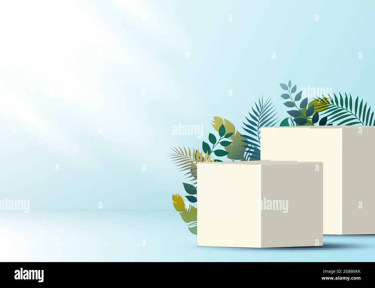 3D realistic white cube on soft blue backdrop for product display with ...