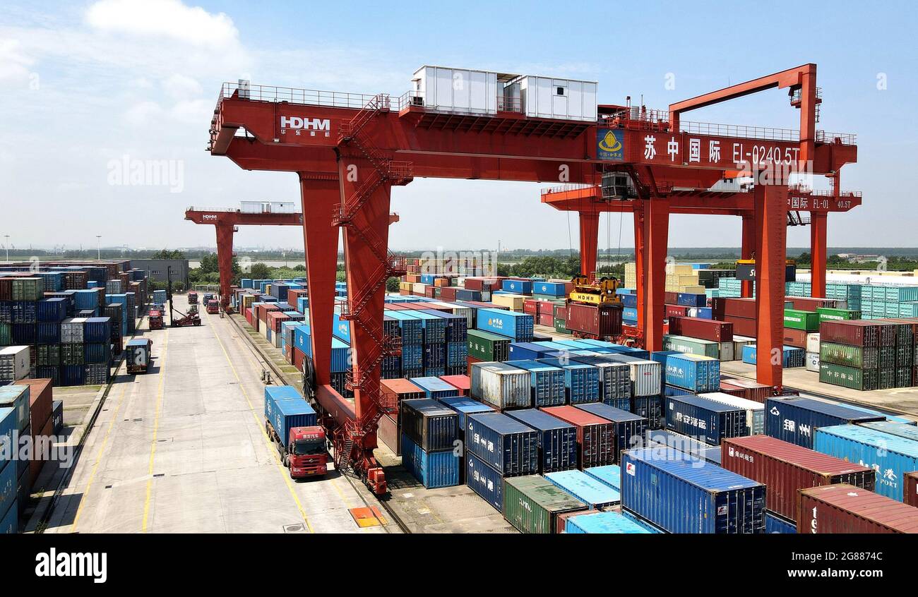 NANTONG, CHINA - JULY 18, 2021 - Large container ships dock at the ...