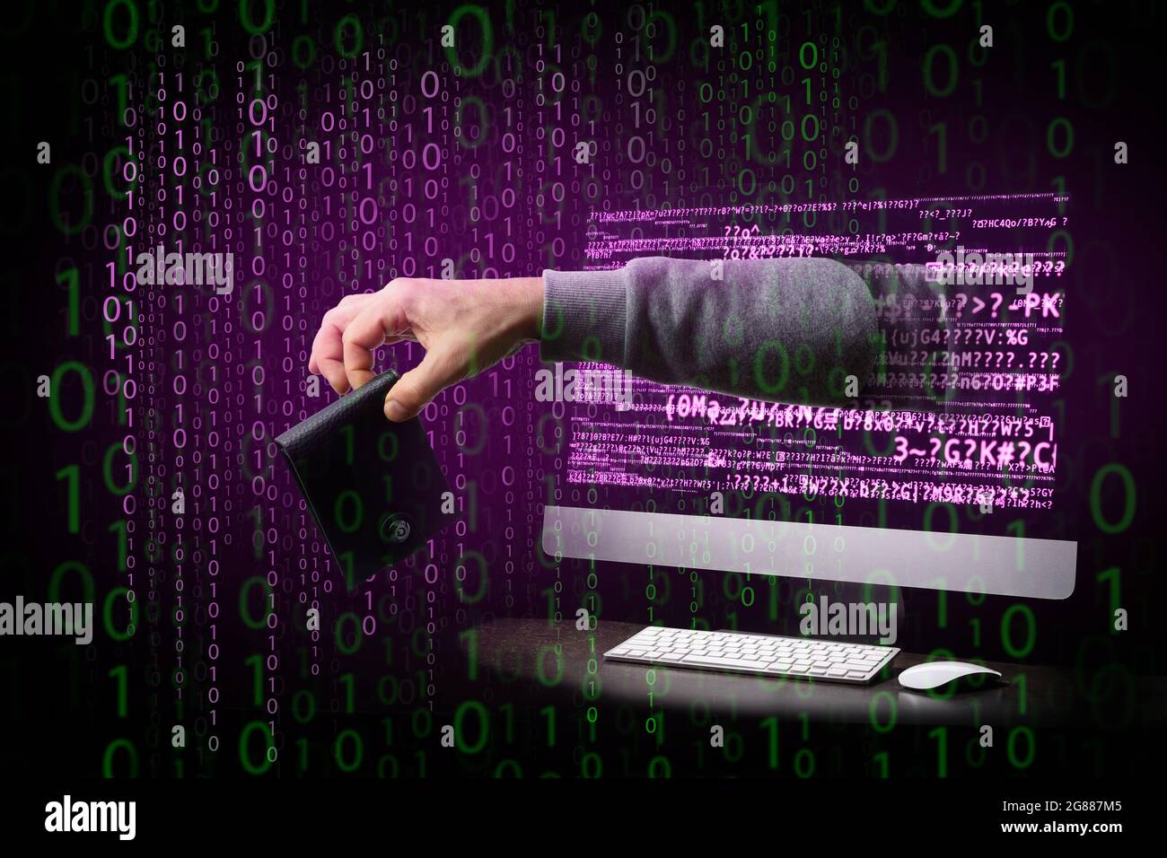 Hacker stealing wallet with money through computer screen against dark ...