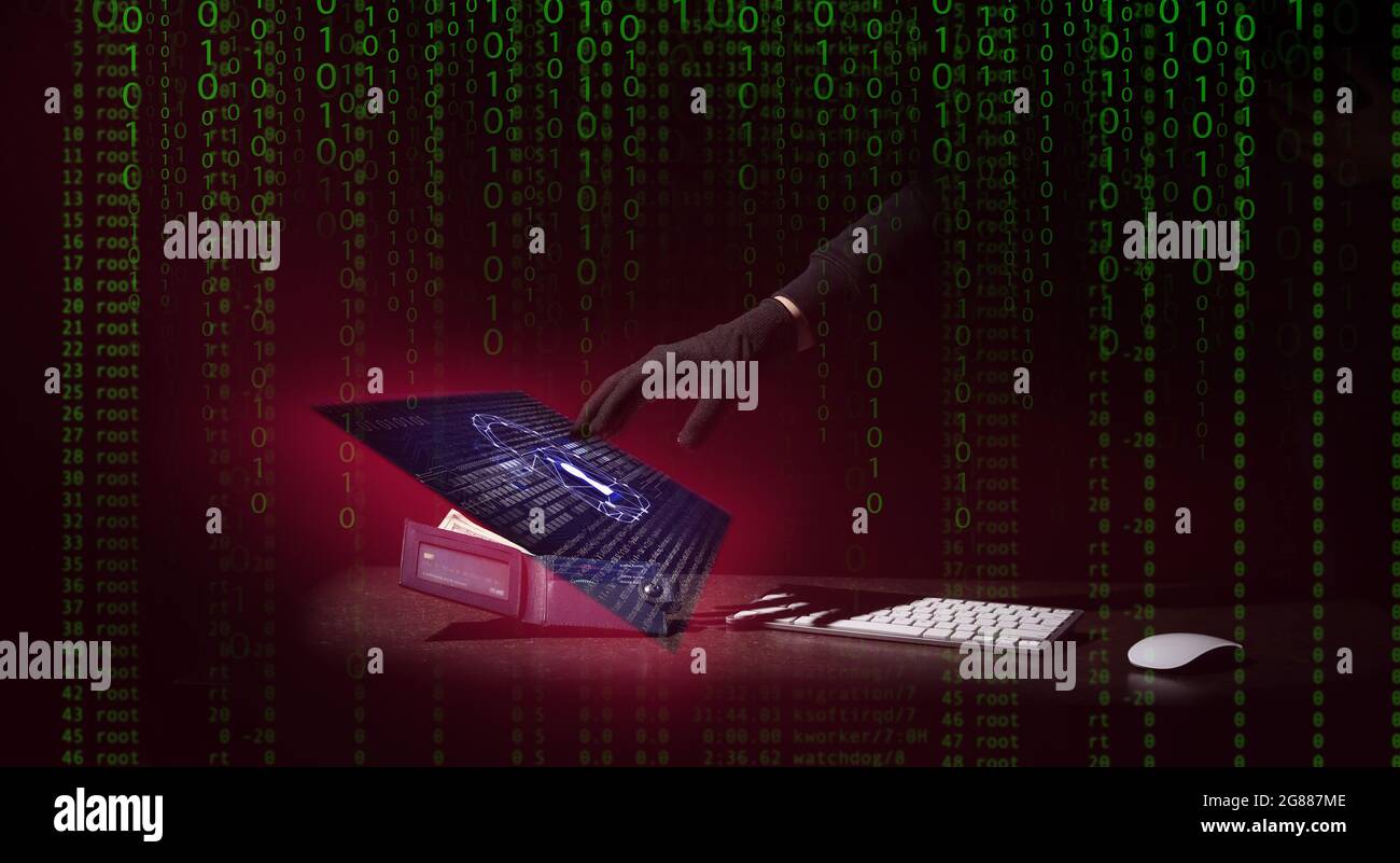Hacker stealing wallet with money on dark background Stock Photo - Alamy