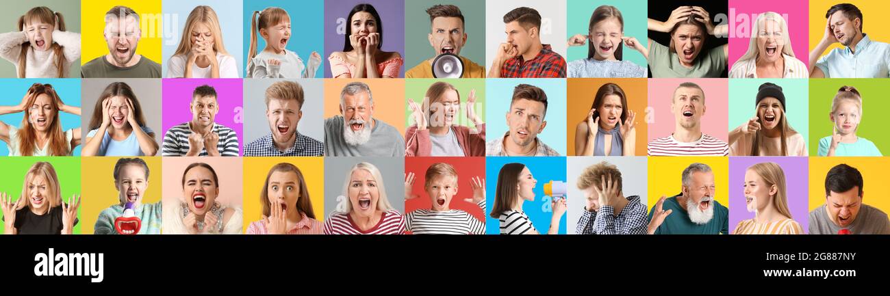 Group of angry people on color background Stock Photo - Alamy