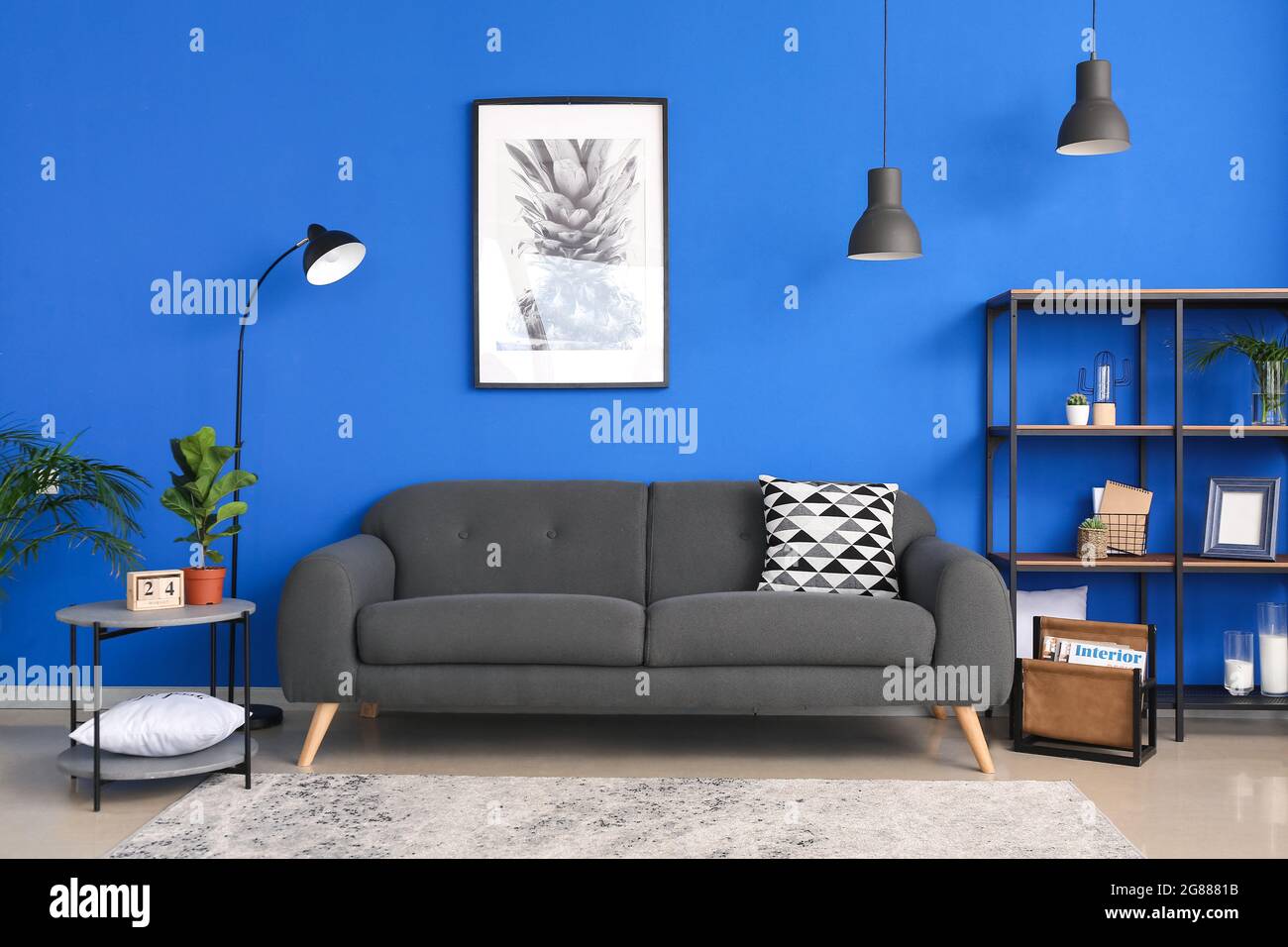 Interior of stylish living room with comfortable sofa Stock Photo - Alamy
