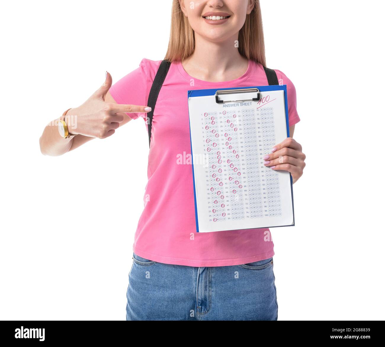 Student with answer sheet for school test on white background Stock ...