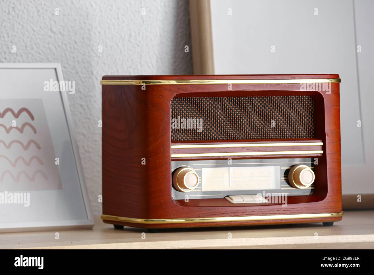 Retro radio receiver on table in room, closeup Stock Photo - Alamy