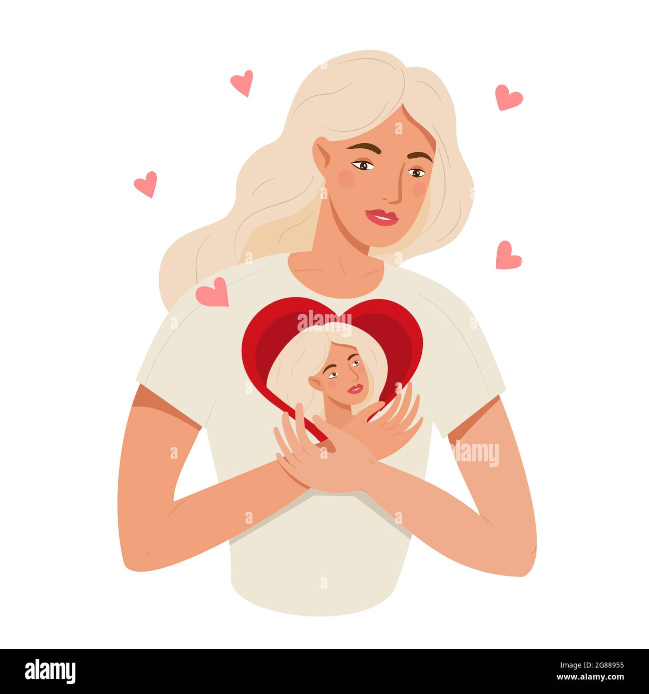 Love yourself and self care concept. Woman hugging heart with self ...