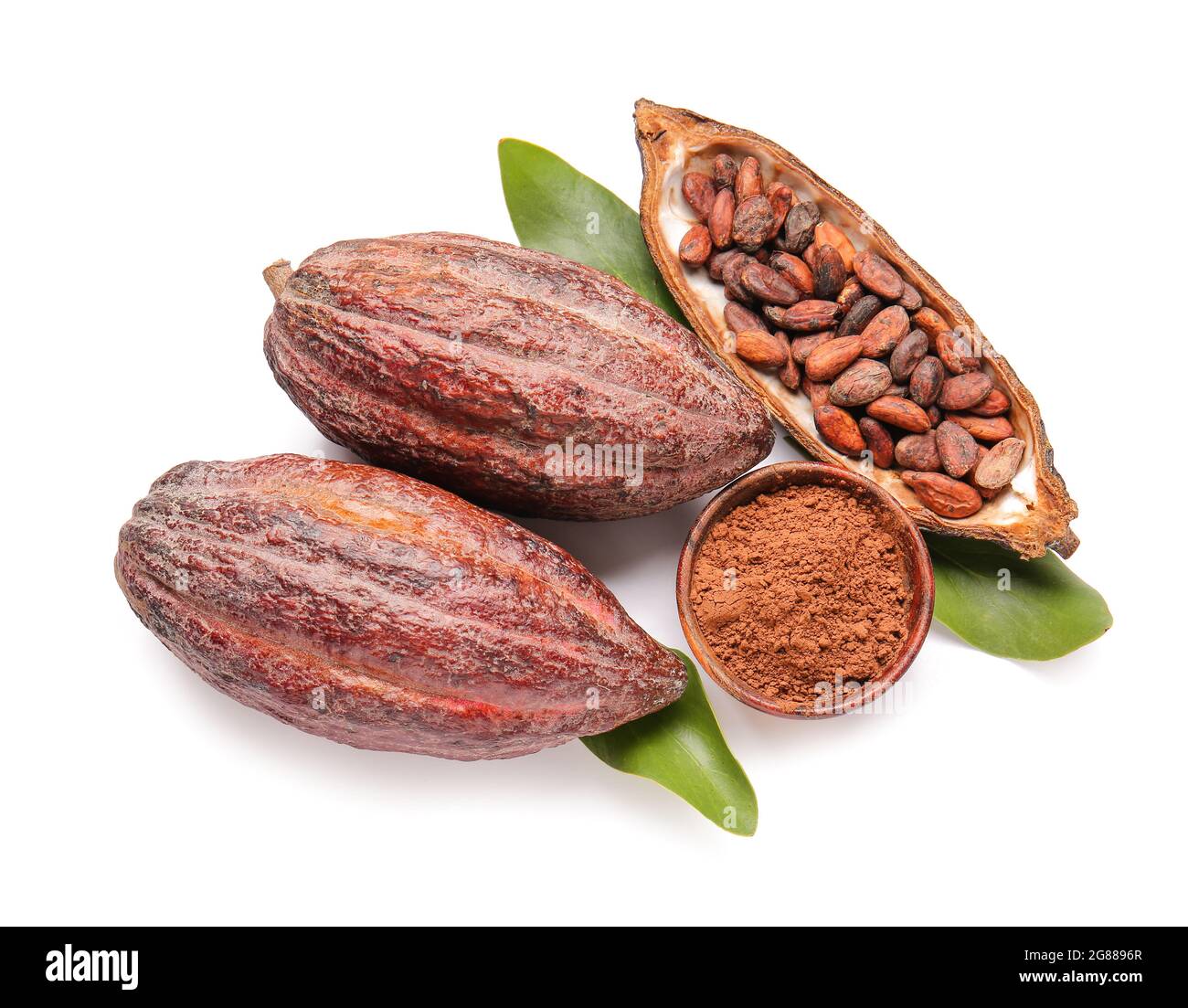 Fresh cocoa fruits, beans and powder on white background Stock Photo ...