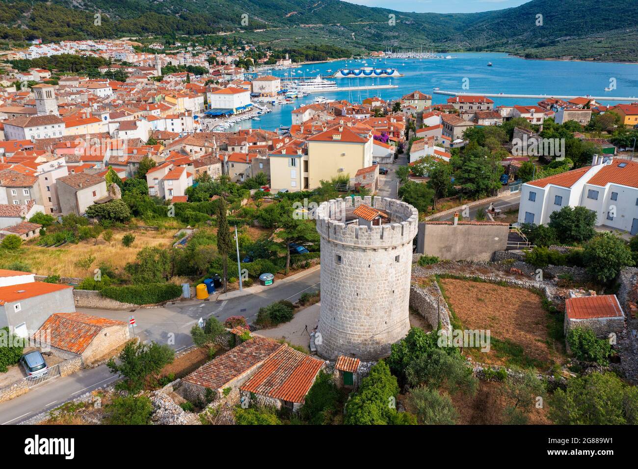Aerial view of Cres, a town in Cres Island, the Adriatic Sea in Croatia ...