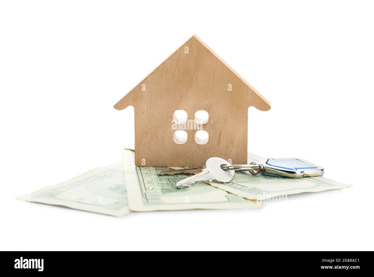 Figure of house, money and key on white background. Concept of buying ...