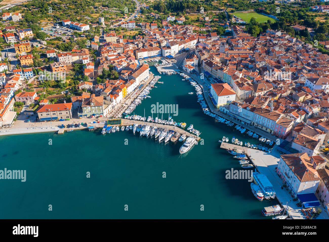 Aerial view of Cres, a town in Cres Island, the Adriatic Sea in Croatia ...