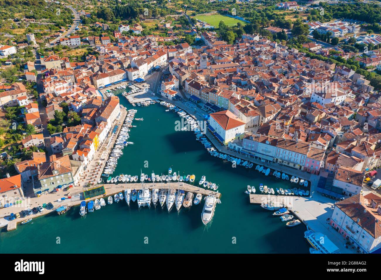 Aerial view of Cres, a town in Cres Island, the Adriatic Sea in Croatia ...