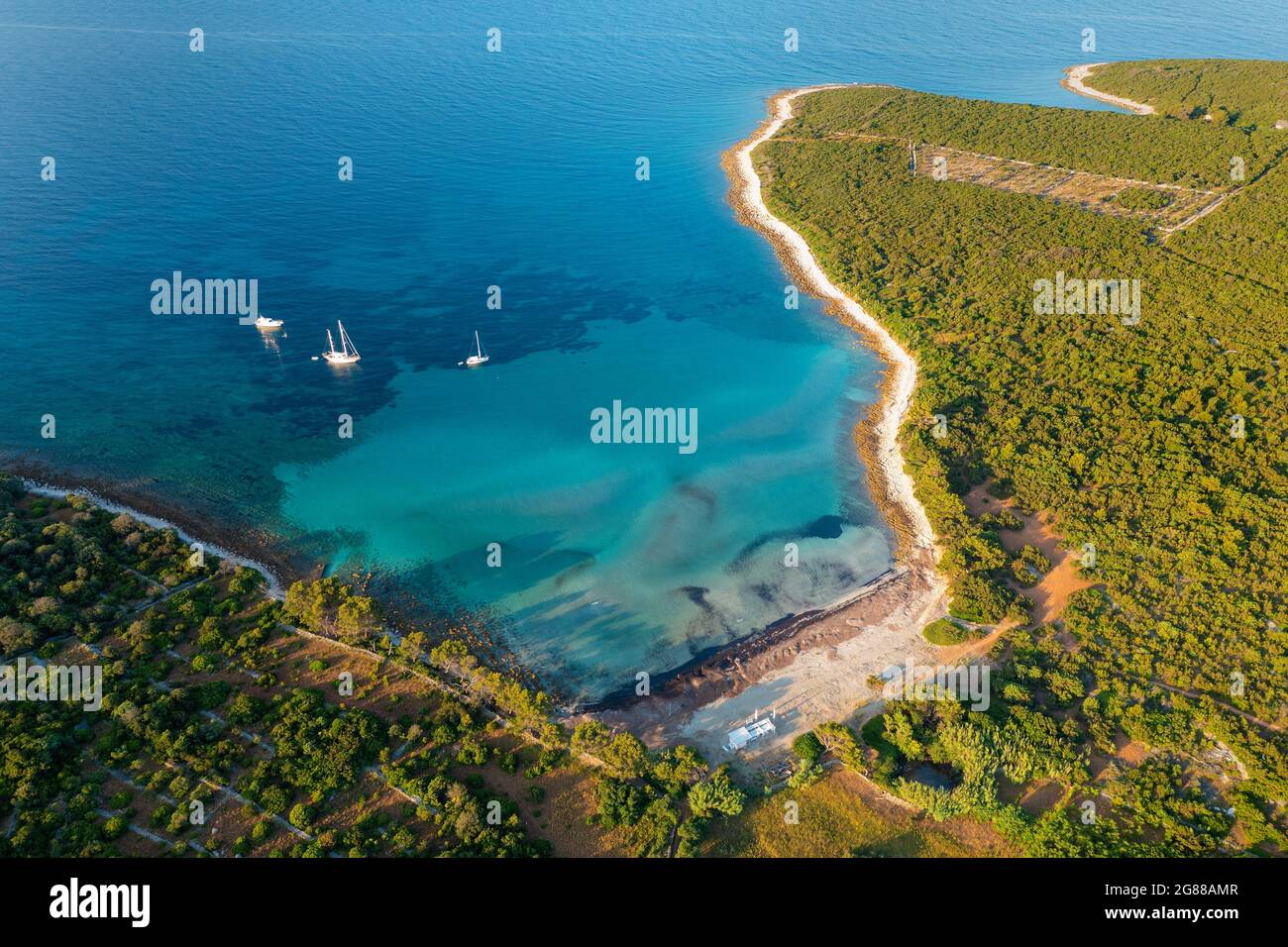 Aerial view of the Parzine beach on Ilovik island, Croatia Stock Photo ...