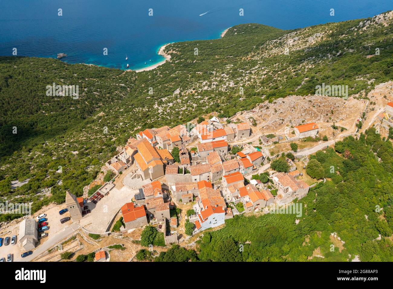 Aerial view of Lubenice, a hilltop town in Cres Island, the Adriatic ...
