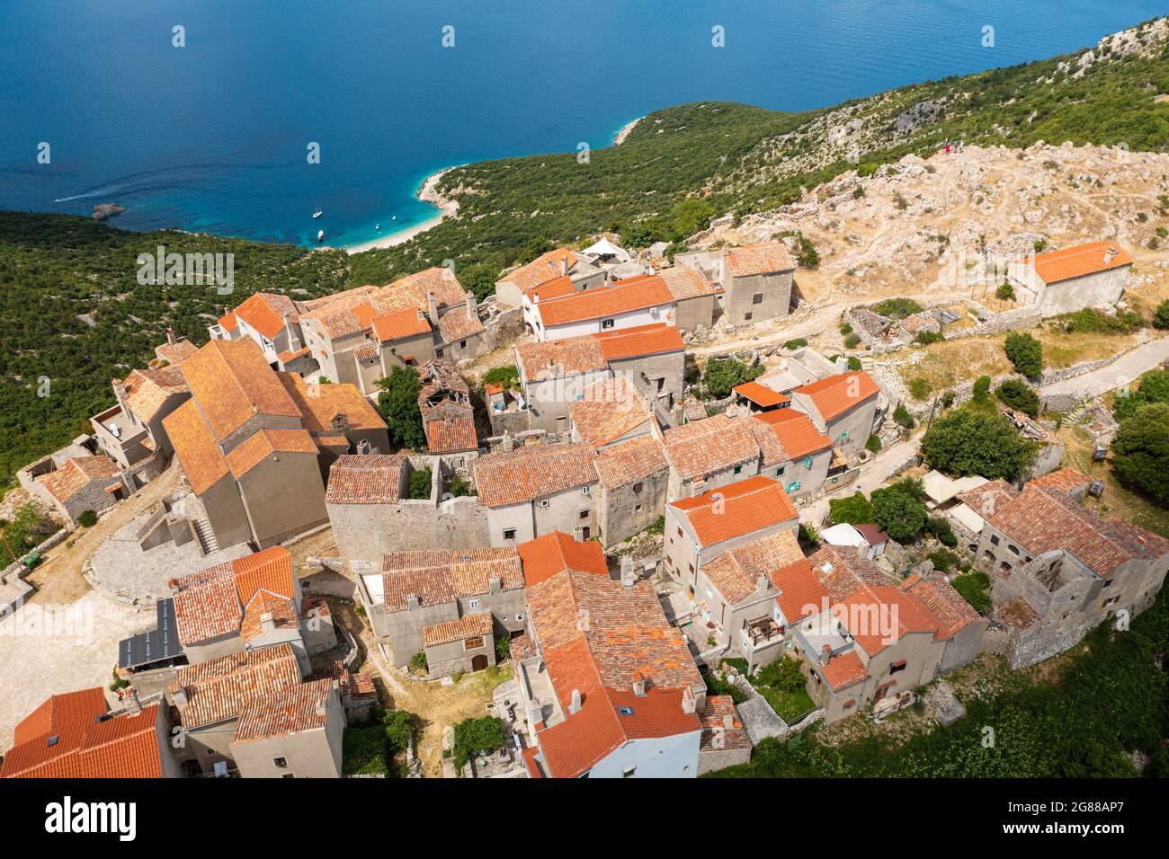 Aerial view of Lubenice, a hilltop town in Cres Island, the Adriatic ...