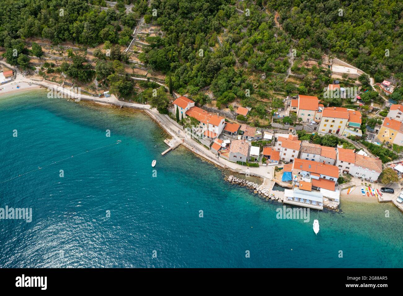 Aerial view of Valun, a town in Cres Island, the Adriatic Sea in ...