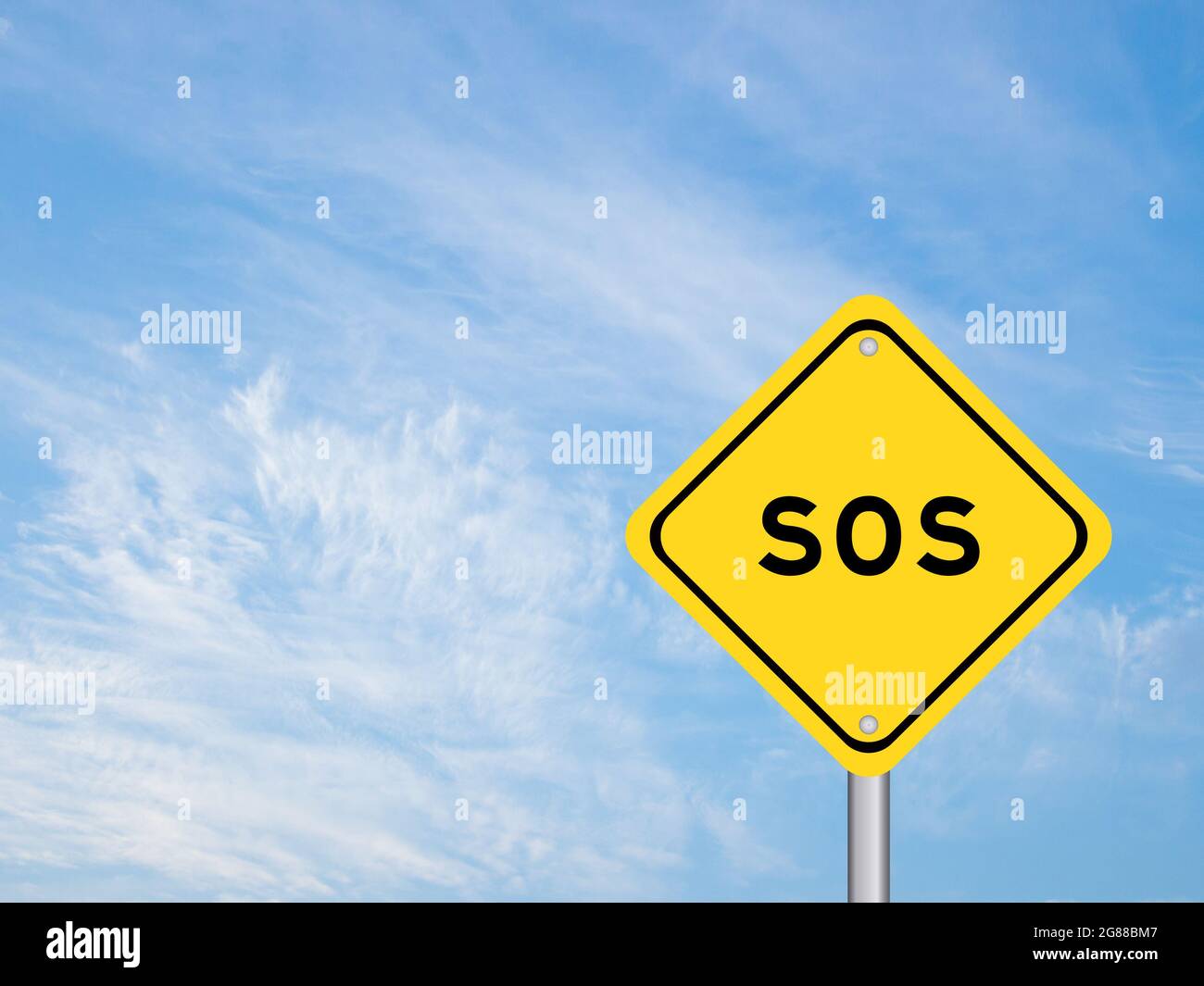 Yellow transportation sign with word SOS (abbreviation of save our soul ...