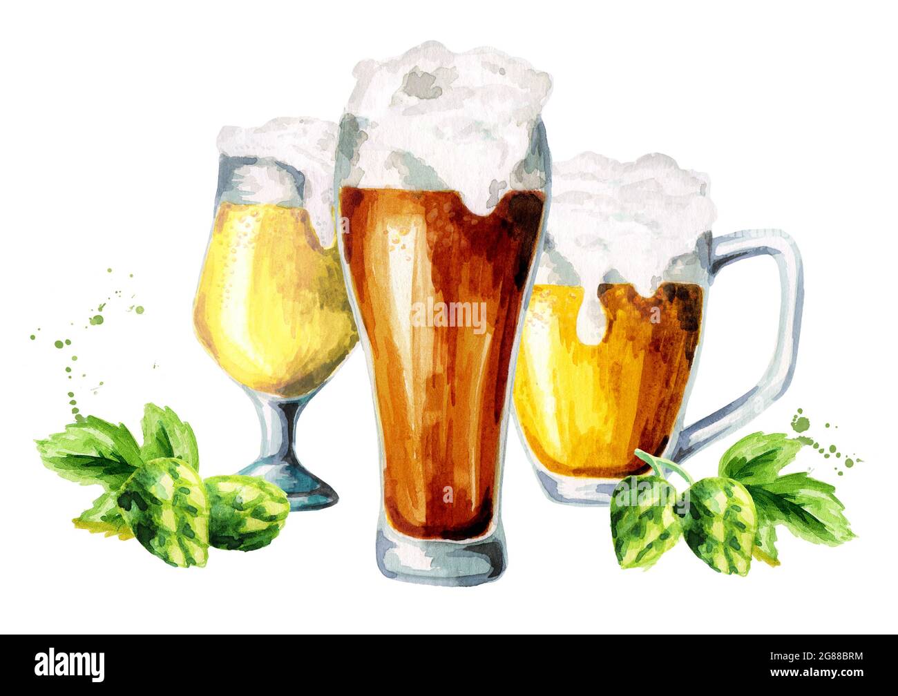 Colors of beer. 3 glasses and hops Stock Photo - Alamy