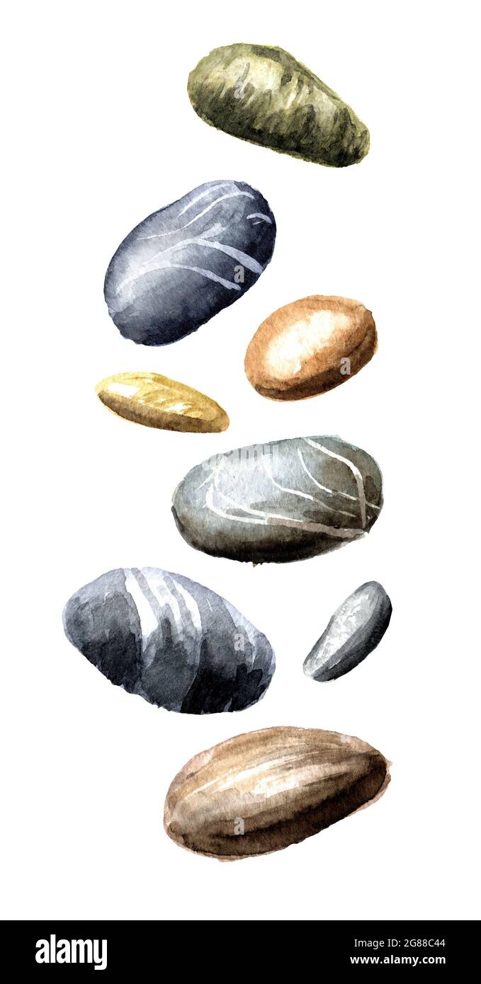 Falling colorful sea pebbles stones. Hand drawn watercolor illustration ...