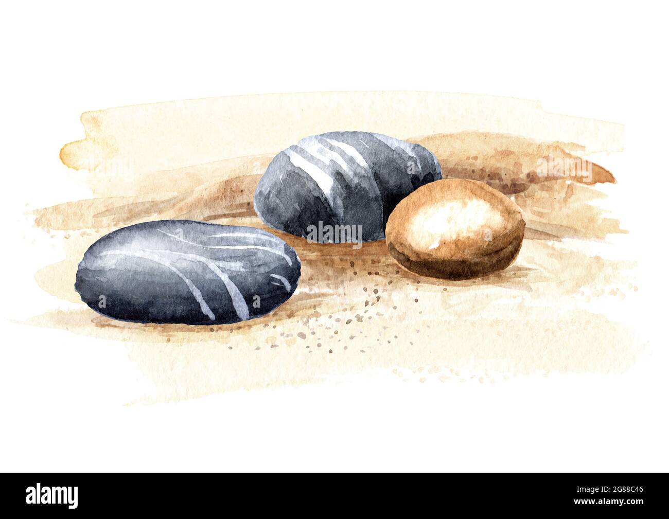 Colorful sea pebbles stones on the sand. Hand drawn watercolor ...