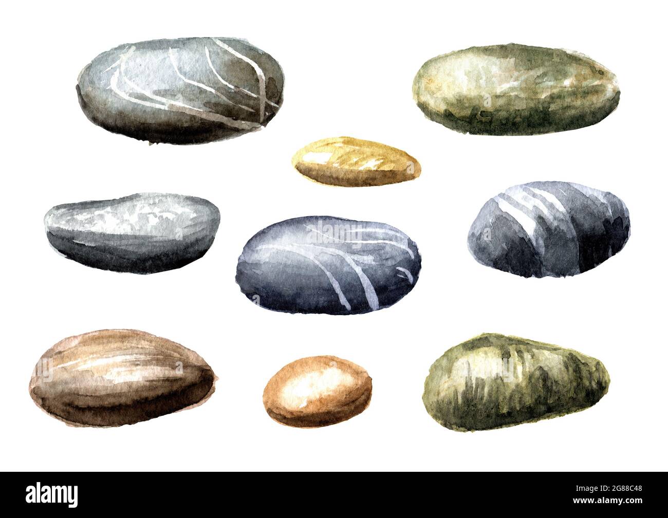 Colorful sea pebbles stones set. Hand drawn watercolor illustration ...