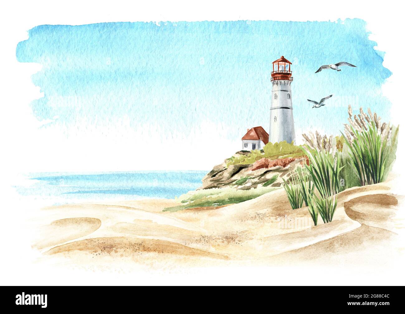 Seascape with rocks and an old lighthouse on the background of the sea ...