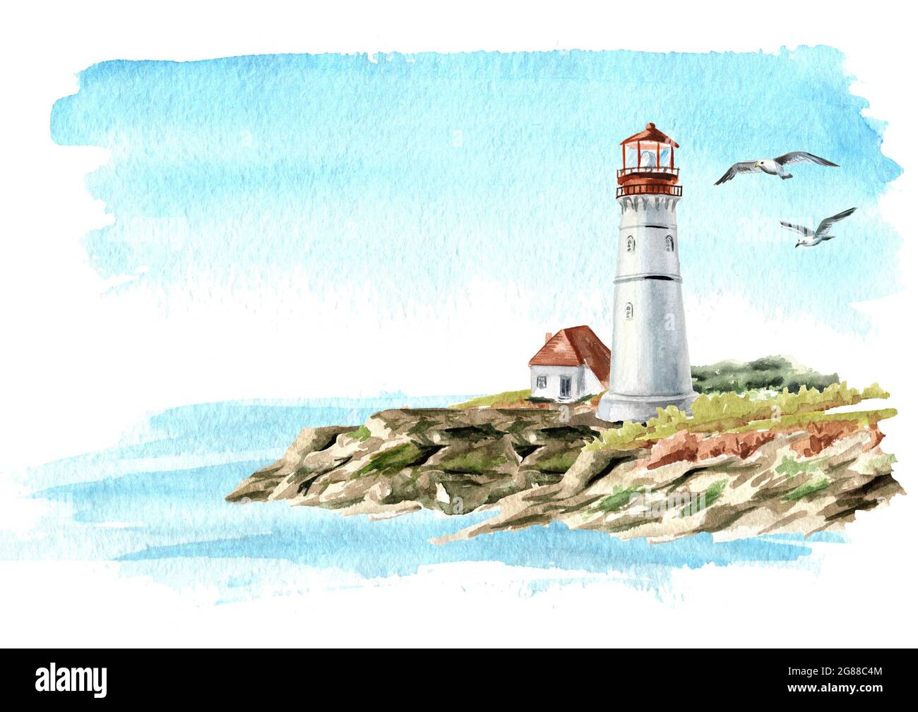 Seascape with rocks and an old lighthouse, Hand drawn watercolor ...