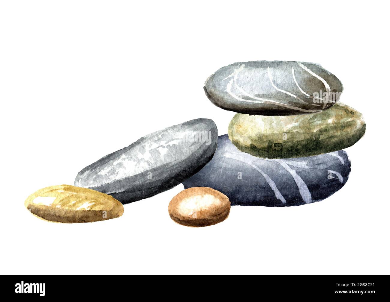 Colorful sea pebbles stones. Hand drawn watercolor illustration ...