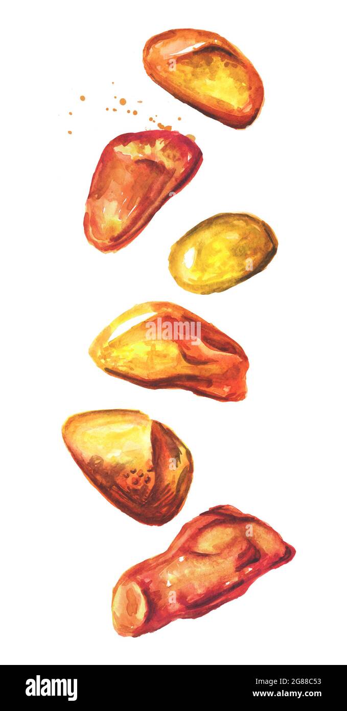 Falling Pieces of Transparent amber of various shapes. Hand drawn ...