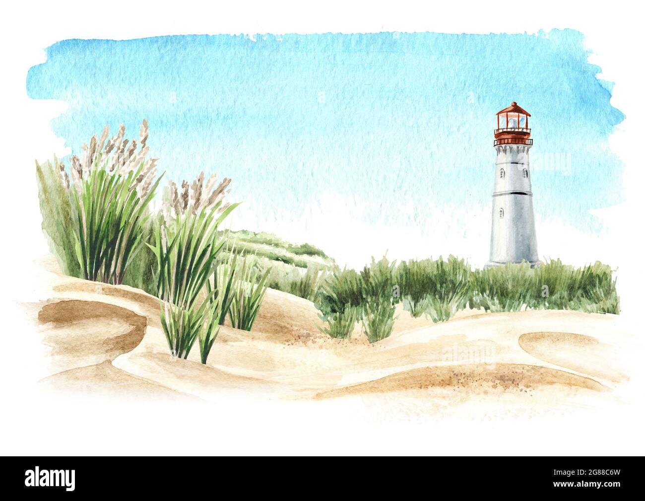 Seaside with sand dunes and old lighthouse. Hand drawn watercolor ...