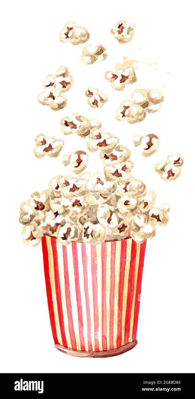 Popcorn Falling into the red and white striped cardboard bucket. Hand ...