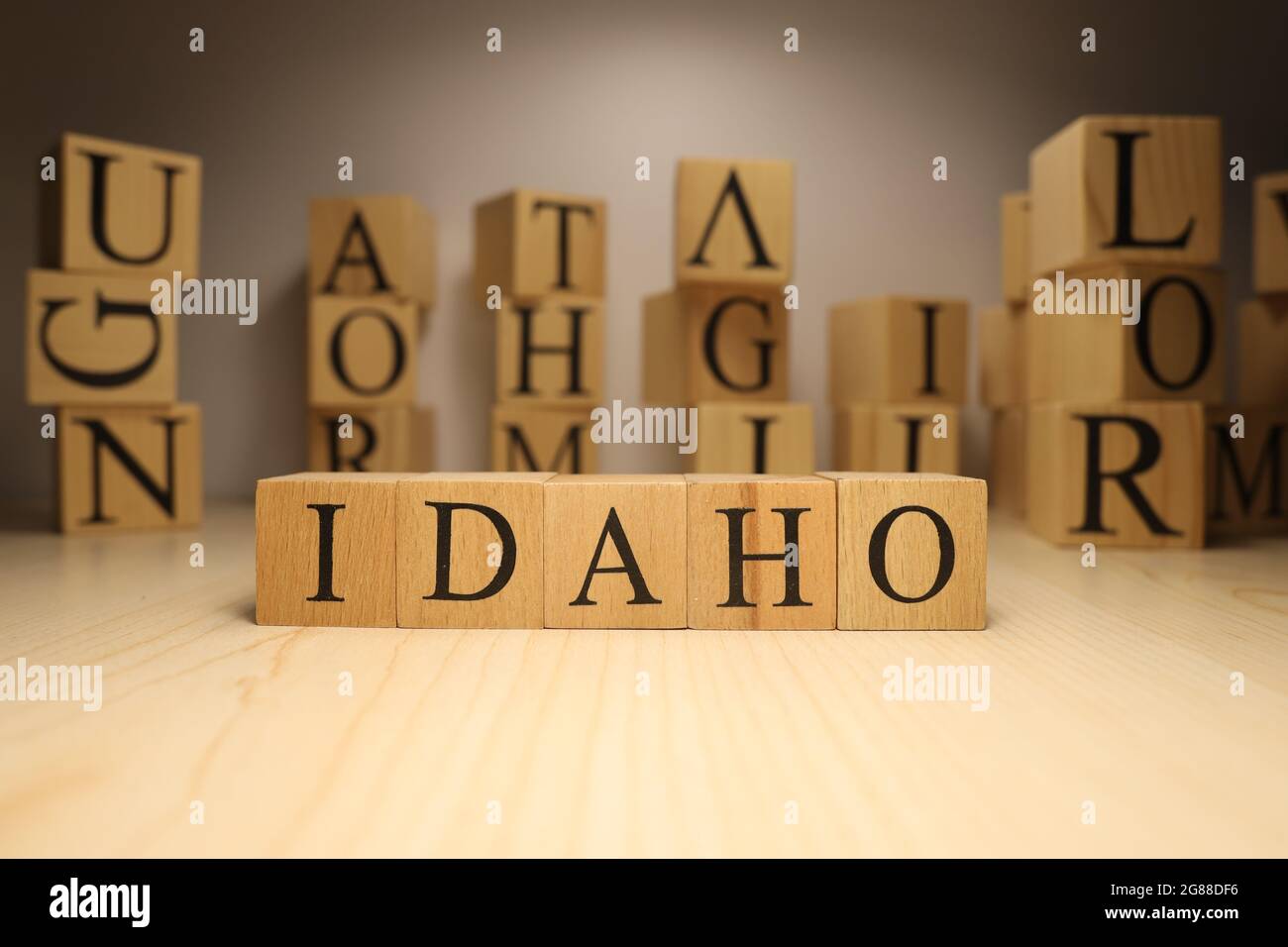 The word Idaho was created from wooden letter cubes. Cities and words ...