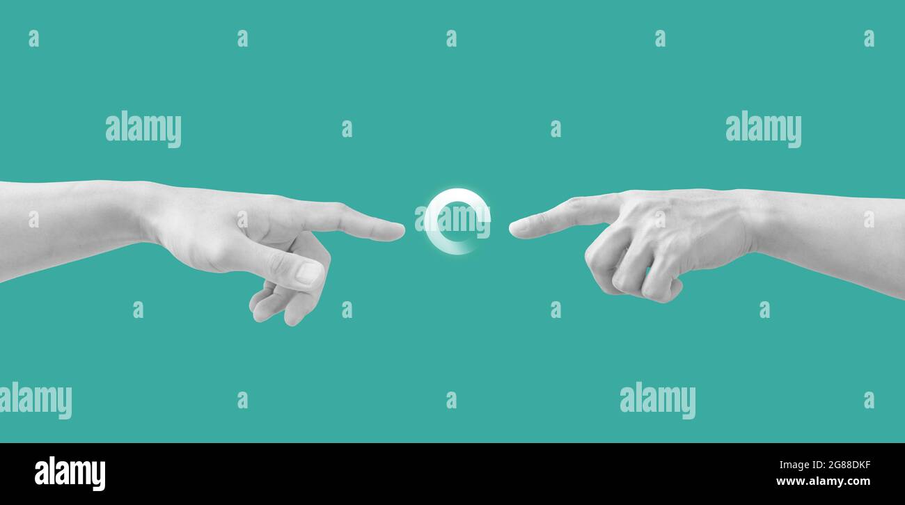 Digital collage modern art. Hand reaching out, pointing finger together ...