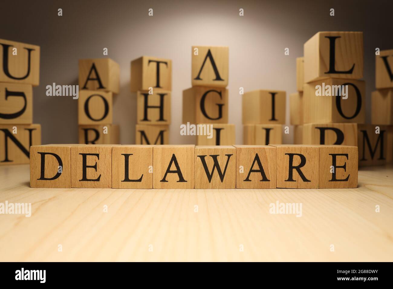 The word Delaware was created from wooden letter cubes. Cities and ...