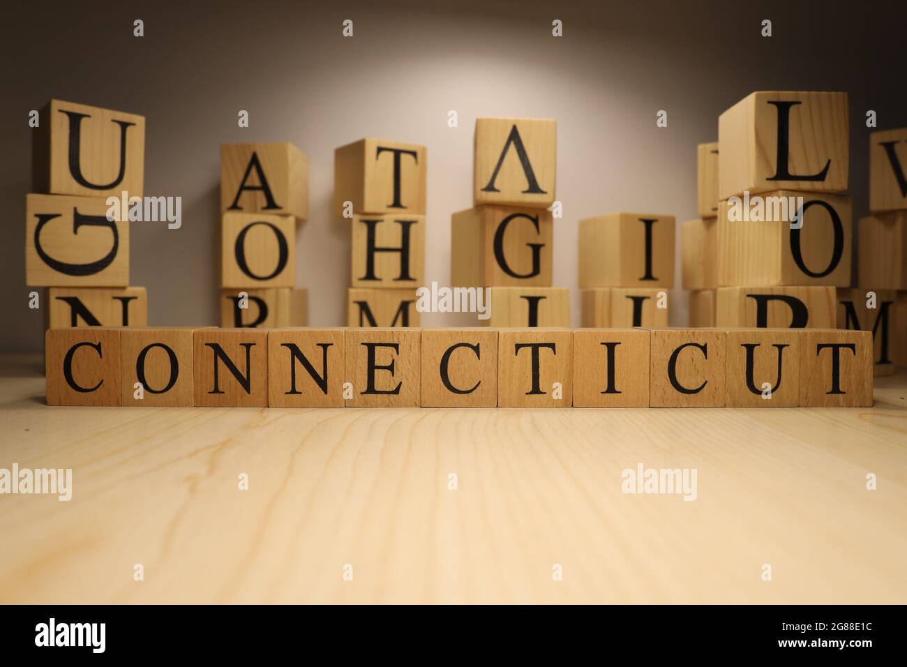 The word Connecticut was created from wooden letter cubes. Cities and ...