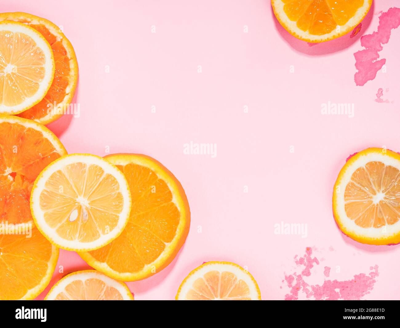 Summer vibe orange citrus slice fruit texture background on pastel pink ...
