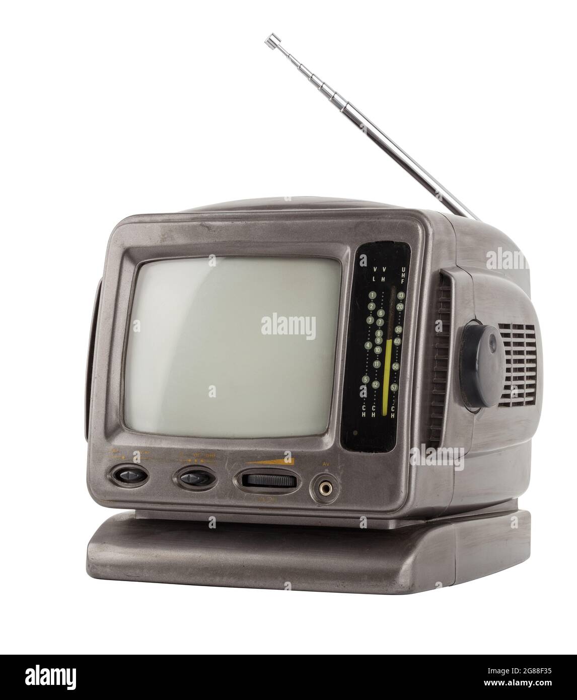 old used 5.5 inch protable analog crt tv unit isolated on white ...