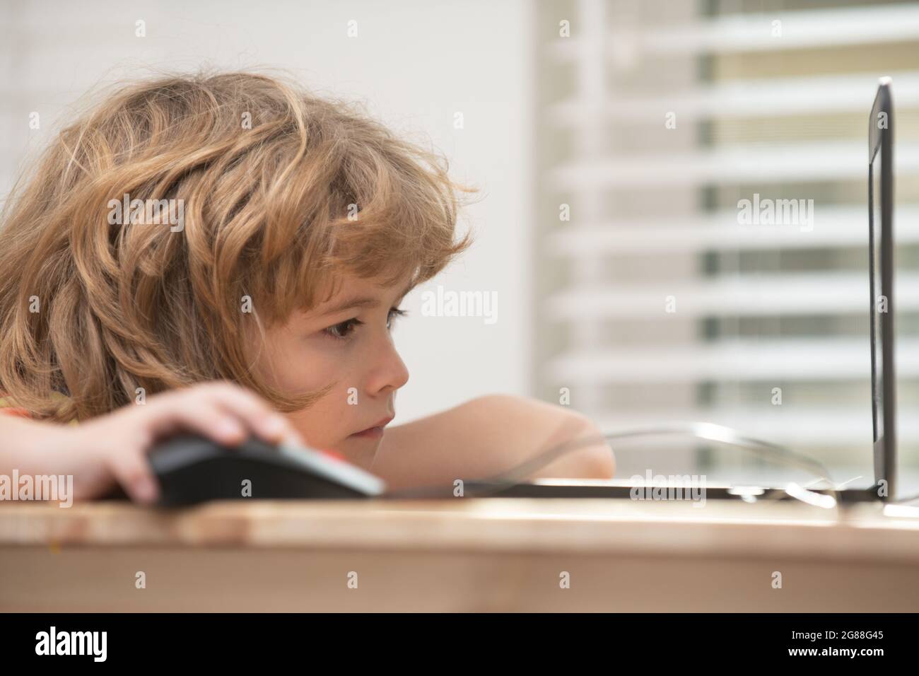 Portrait of concentrated kid surfing the internet in school. Young ...