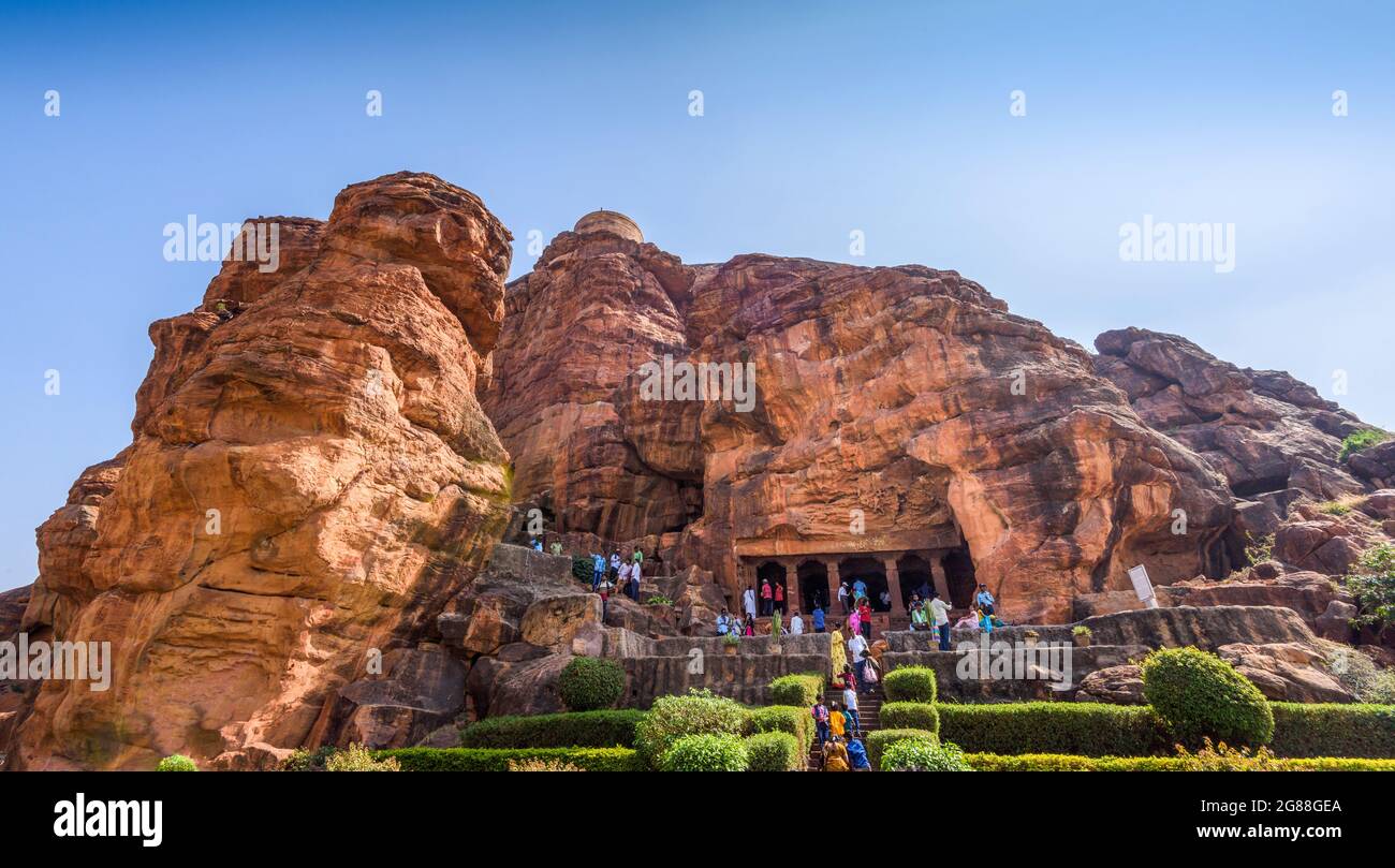 Badami, Karnataka, India - January 10, 2020 : Badami Cave Temples, Karnataka. It is unesco ...