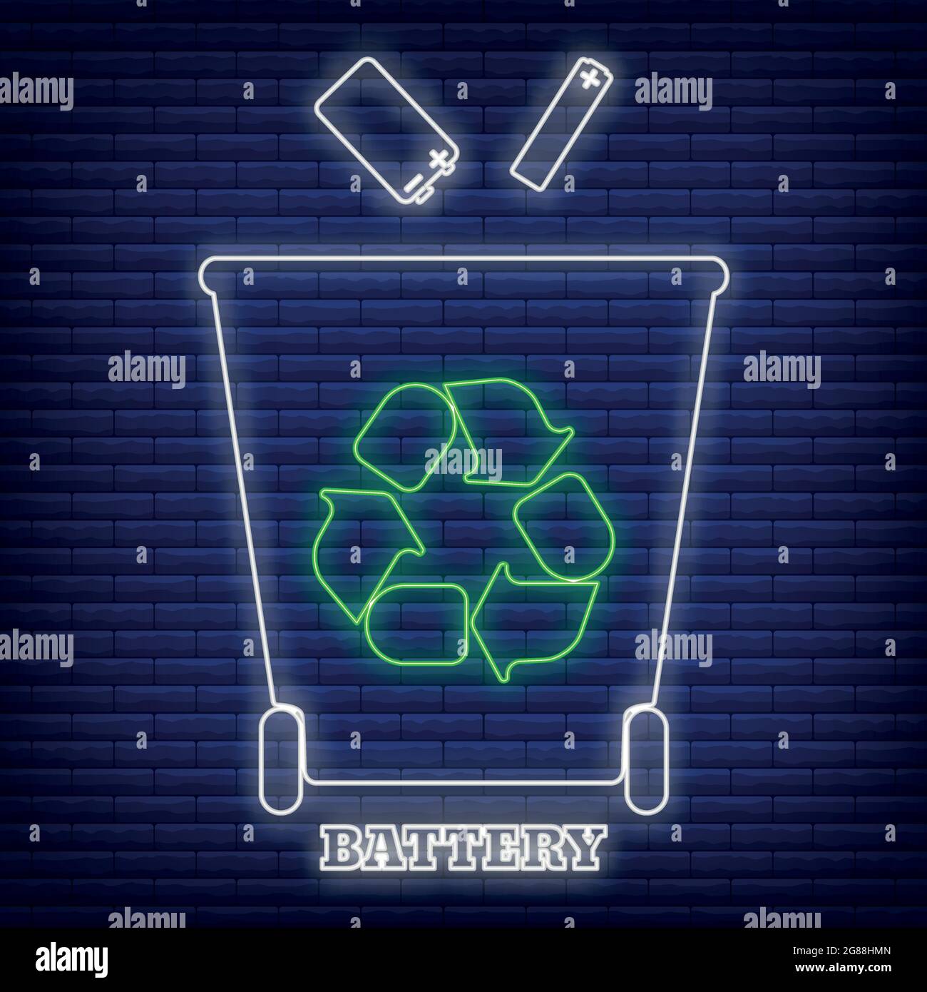 Battery recycling waste sorting container icon glow neon style ...