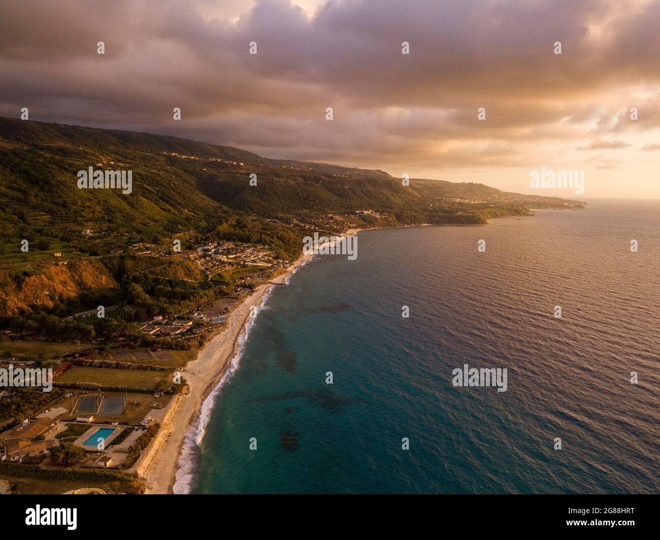Aerial view of a sunset over the sea in Zambrone, coast of Calabria ...
